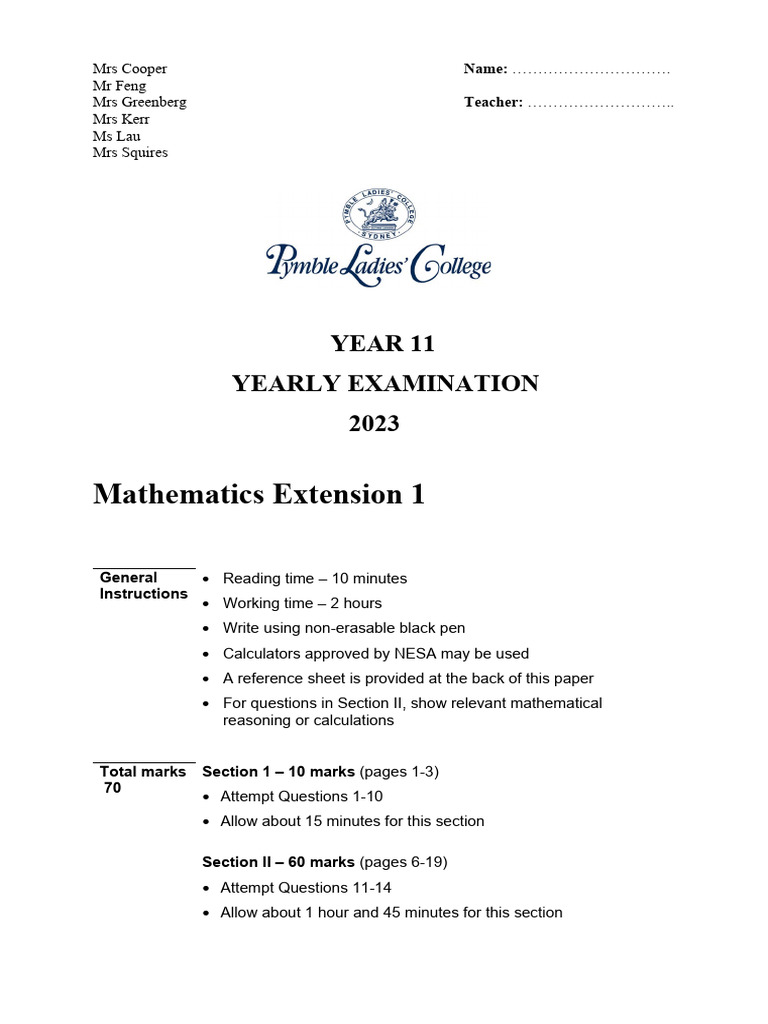 Year 11 Mathematics Extension 1 Exam | PDF | Function (Mathematics ...