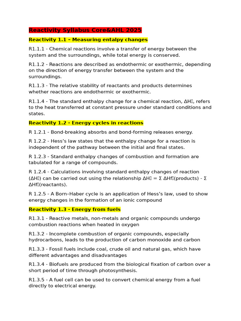 Reactivity Syllabus: Energy Changes 2025 | PDF