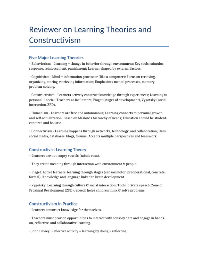Reviewer Learning Theories Constructivism | PDF | Constructivism ...