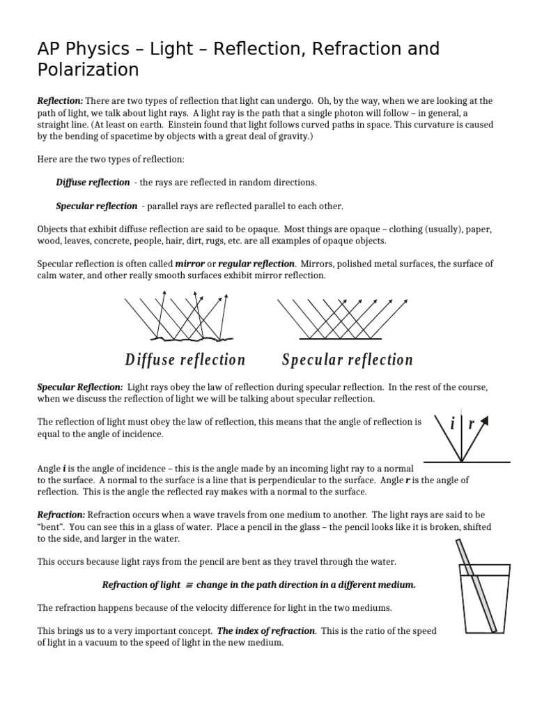 Notes - Light - Reflection Refraction and Polarization Oh My | PDF ...