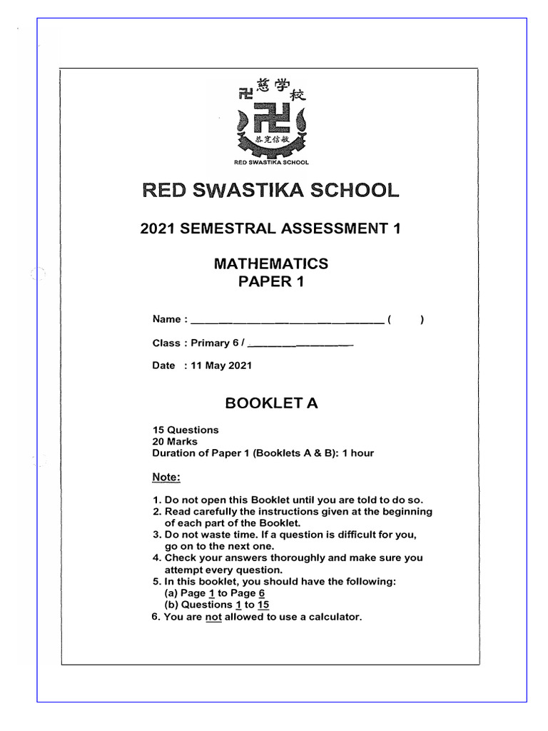 P6 Maths SA1 2021 RedSwastika Exam Papers | PDF | Geometry | Elementary ...