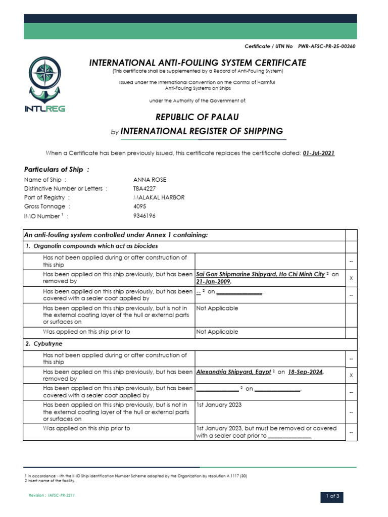 International Anti Fouling System Certificate Provisional | PDF ...