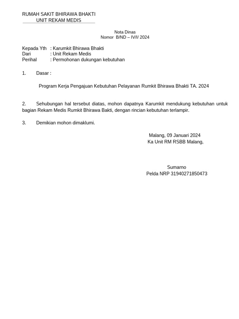 Nota Dinas Pengajuan Thermal Januari 2024 RSBB | PDF