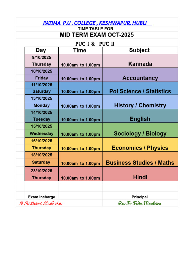 Mid Term Time Table Oct 2025 | PDF