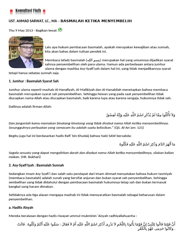 Hukum Basmalah dalam Penyembelihan | PDF