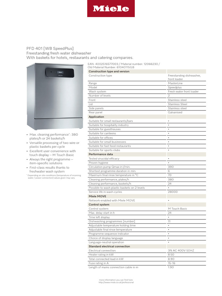 Data Sheet For PFD 401 Dishwasher - Crew Mess | PDF | Dishwasher | Water
