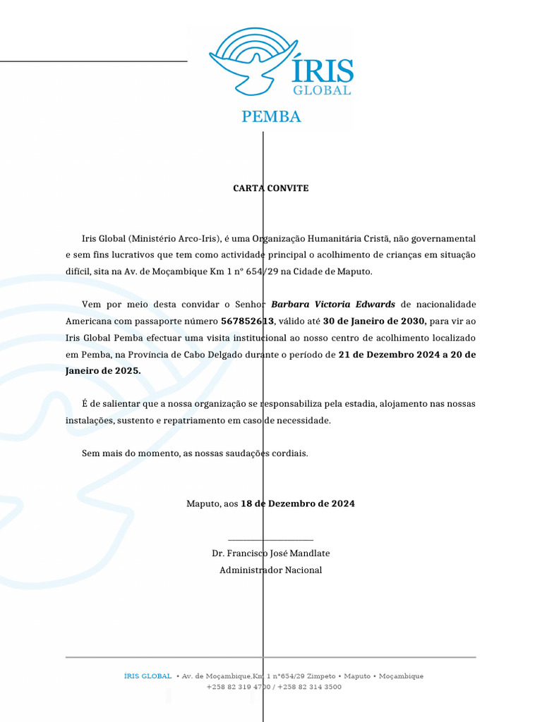 Barbara Victoria Edwards - Carta Convite - December 2024 | PDF