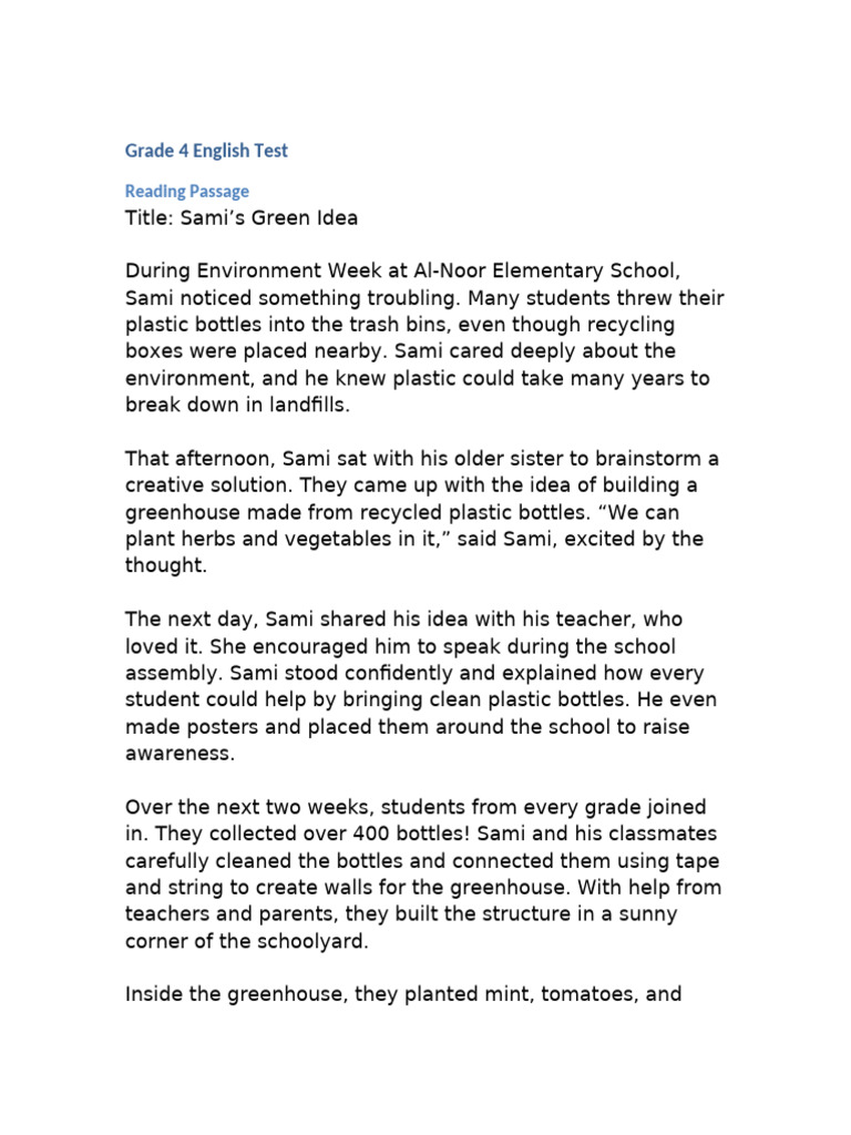 Formatted Grade 4 English Test | PDF