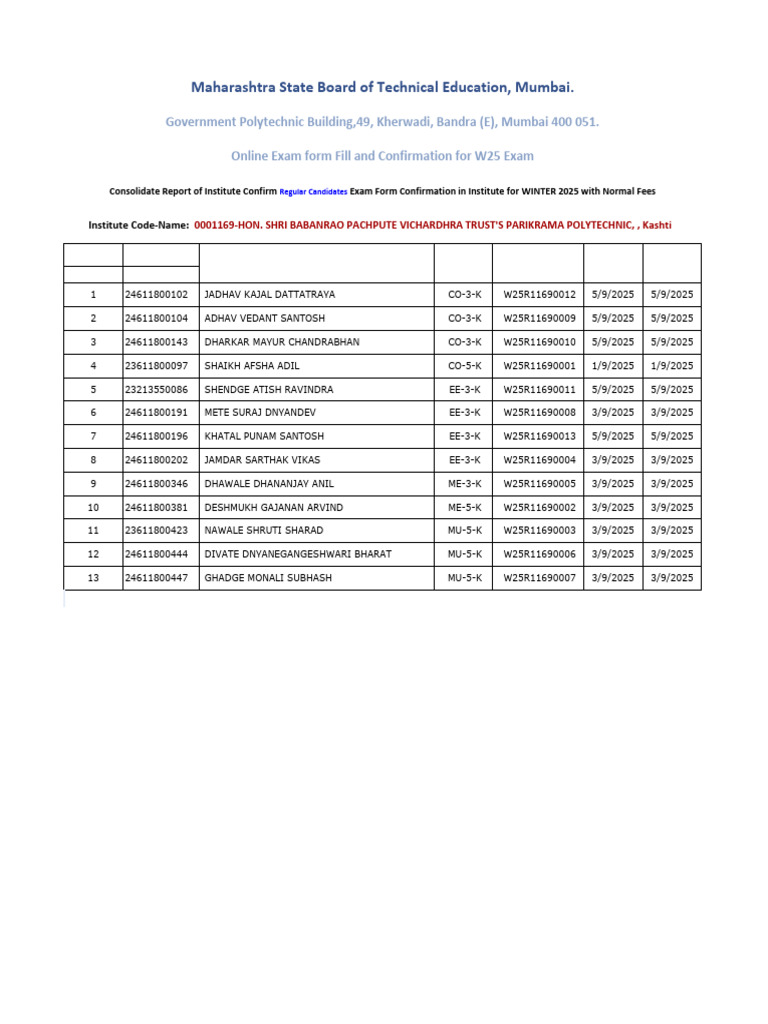 Regular Candidate Exam Form Fill Up Winter 2025-1 | PDF