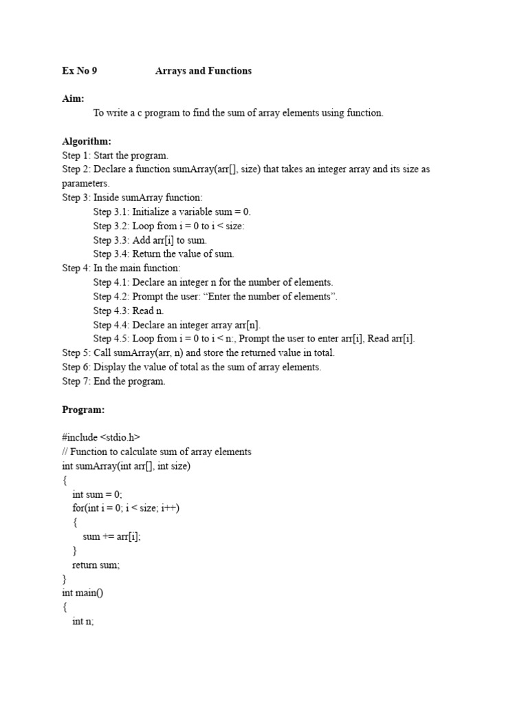 Ex No 9 Arrays And Functions Pdf