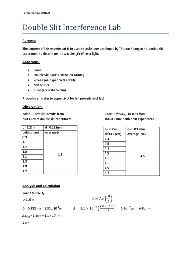 Double Slit Interference Lab | PDF | Wavelength | Light