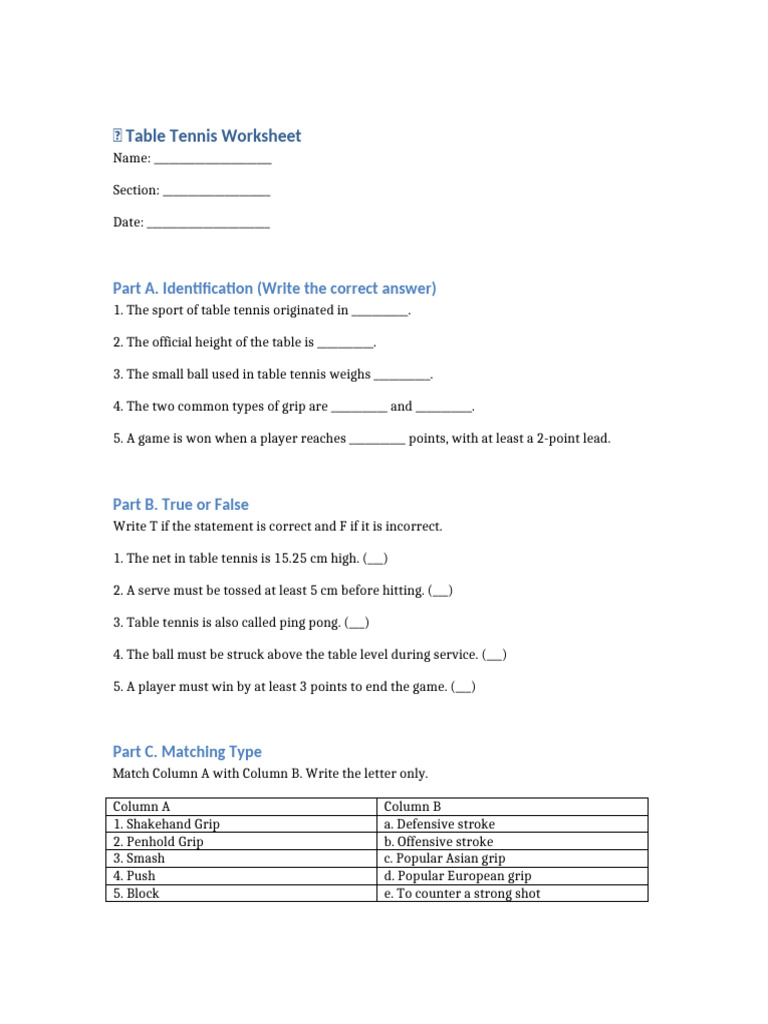 Table Tennis Skills Worksheet | PDF