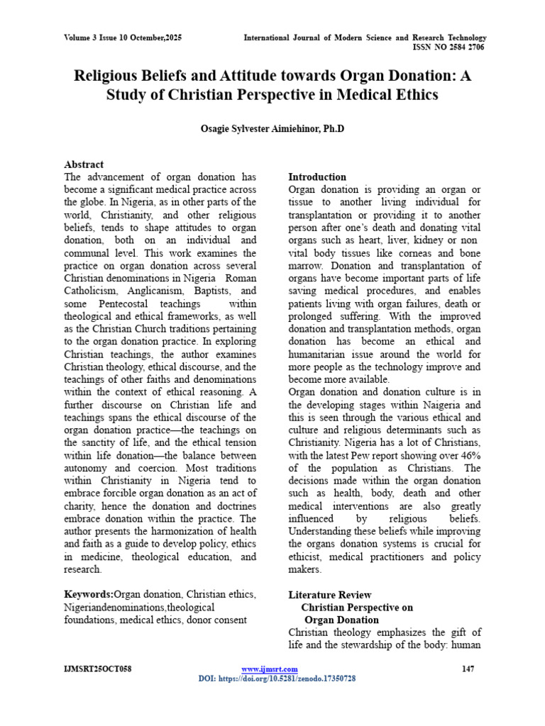 Religious Beliefs and Attitude Towards Organ Donation A Study of ...