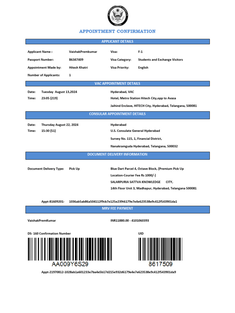 F-1 Visa Appointment Confirmation Details | PDF | Travel Visa ...