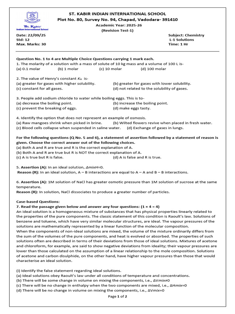 Test 1 CH 1 Solutions. 12 Class. | PDF | Physical Chemistry | Chemistry