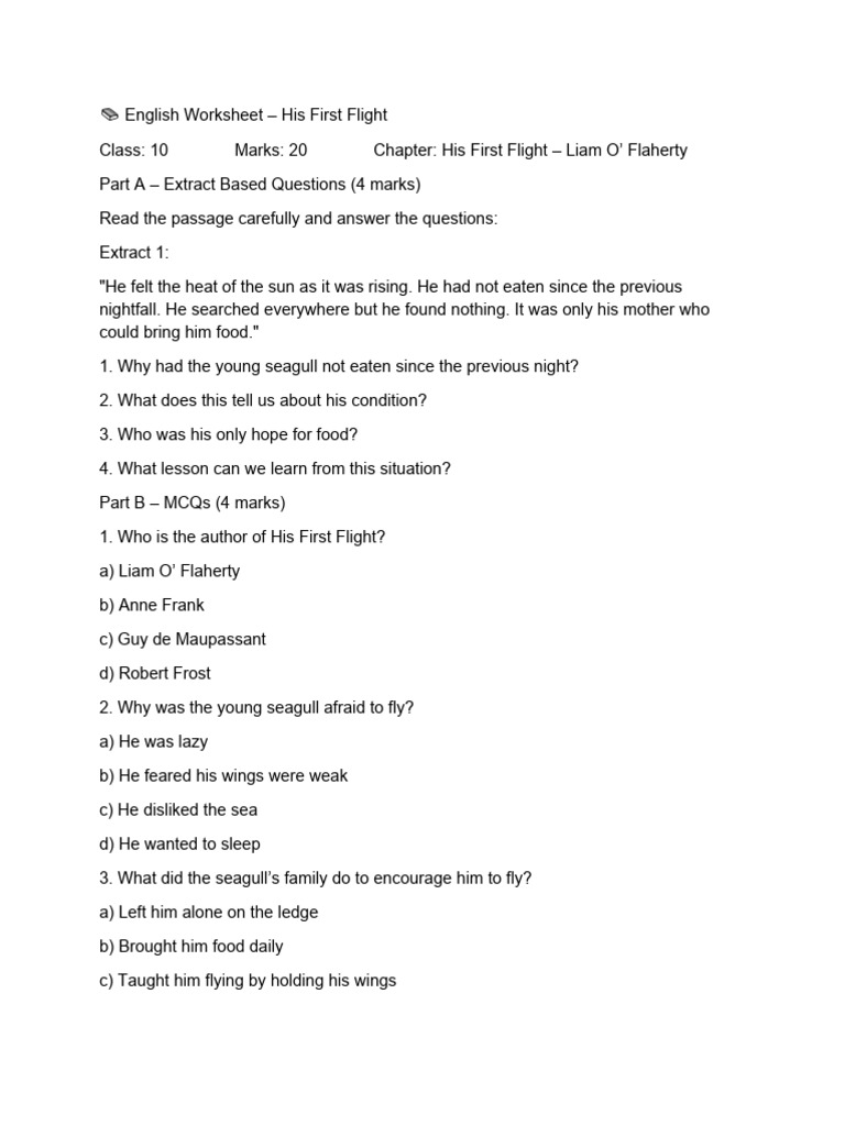 English Worksheet: His First Flight Analysis | PDF