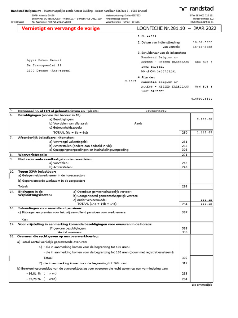 Vernietigt en Vervangt de Vorige: LOONFICHE Nr.281.10 - JAAR 2022 | PDF