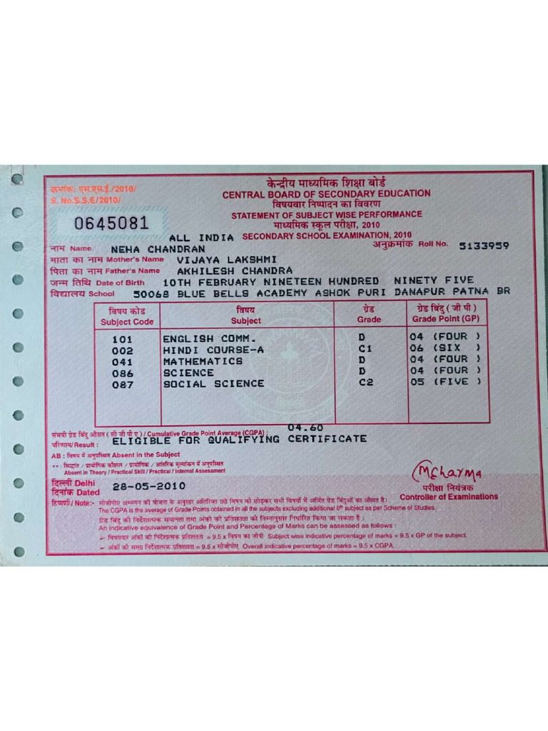 10th Marksheet | PDF
