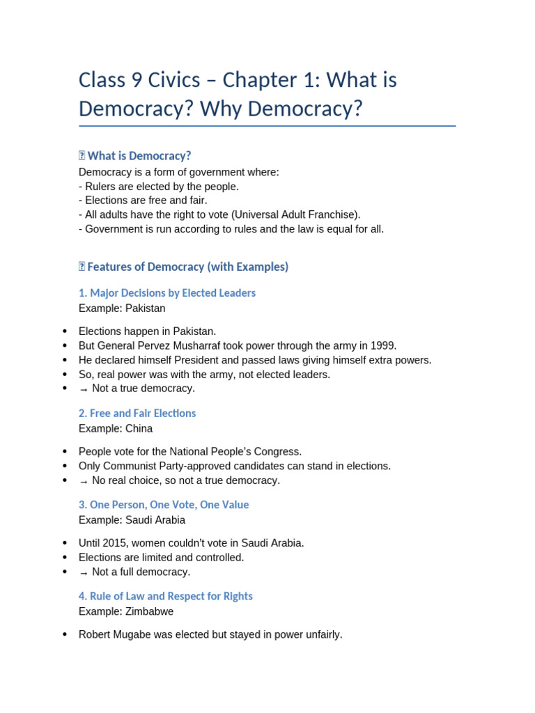 Class 9 Civics Chapter 1 Notes Democracy | PDF