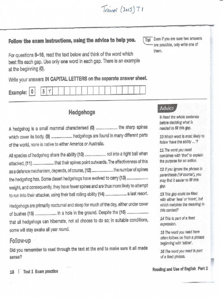 CAE Open Cloze Hedgehogs | PDF