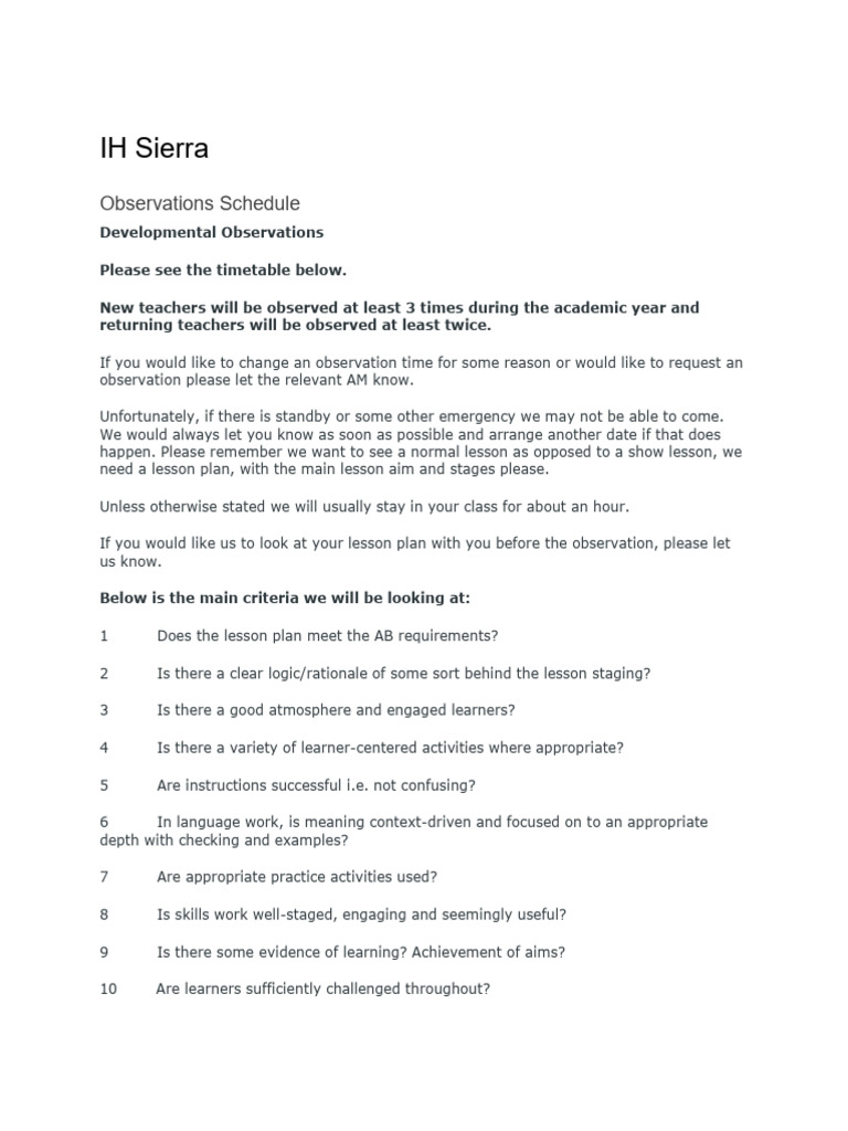 Term 1 23-24 Observations Schedule | PDF | Lesson Plan | Teaching
