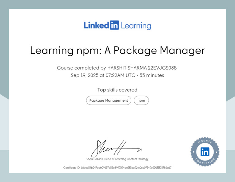 CertificateOfCompletion - Learning NPM A Package Manager | PDF