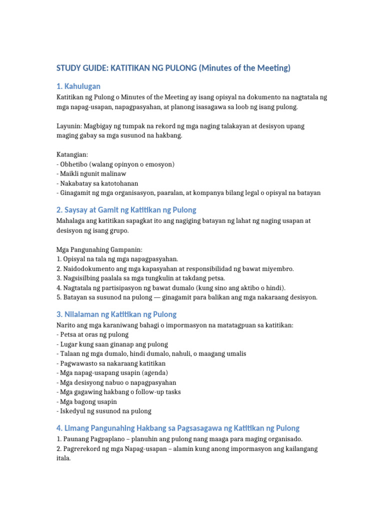 Katitikan NG Pulong Study Guide | PDF
