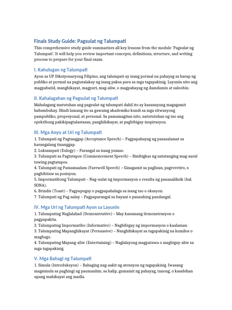 Finals Study Guide Pagsulat NG Talumpati | PDF