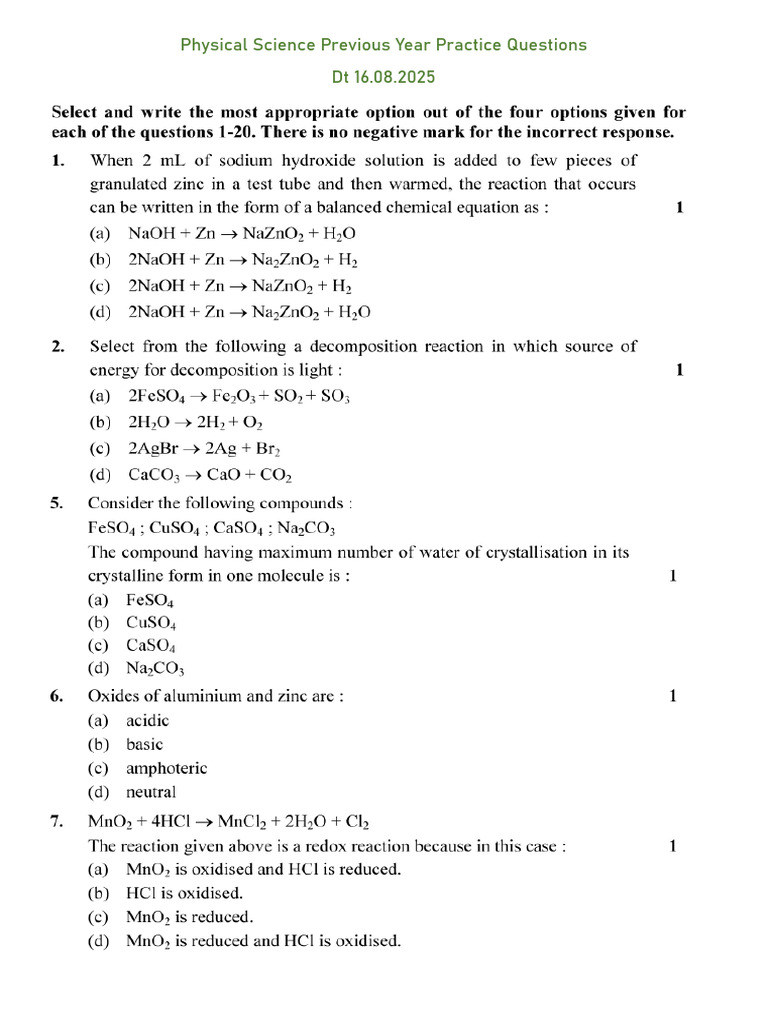 Physical Science Practice Questions 16th Aug 25 | PDF