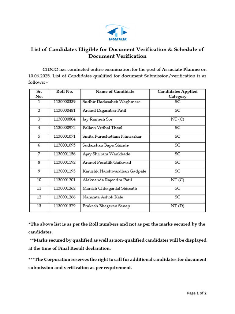 List of Candidates Eligible For Document Verification Associate Planner ...