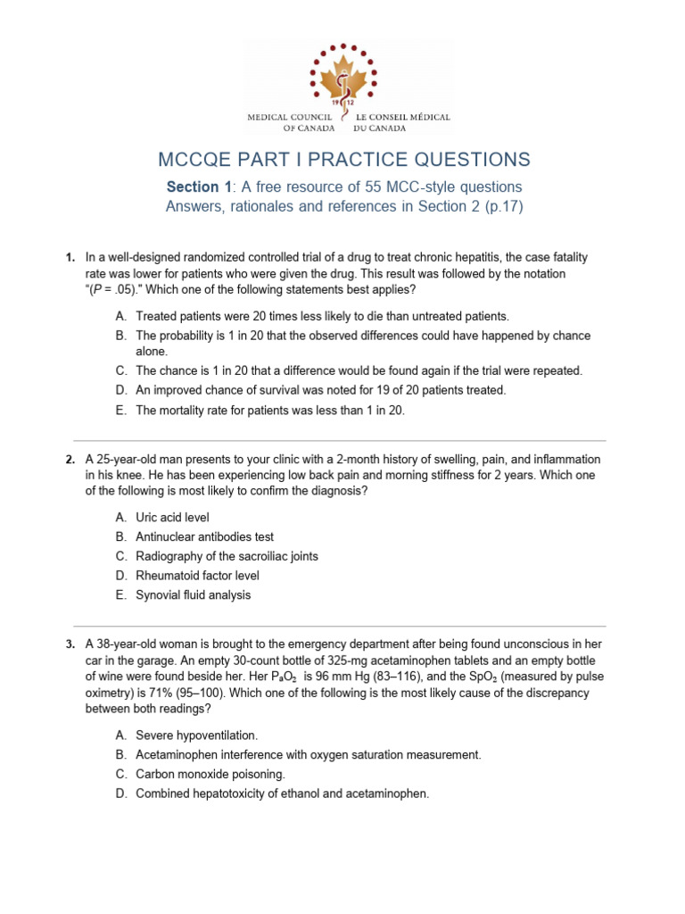 MCCQE Part I Practice Questions Guide | PDF | Blood Pressure | Low ...