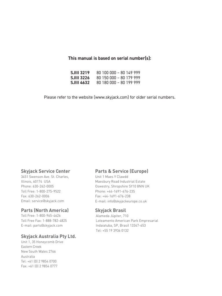 Skyjack Parts Manual by Serial Number | PDF
