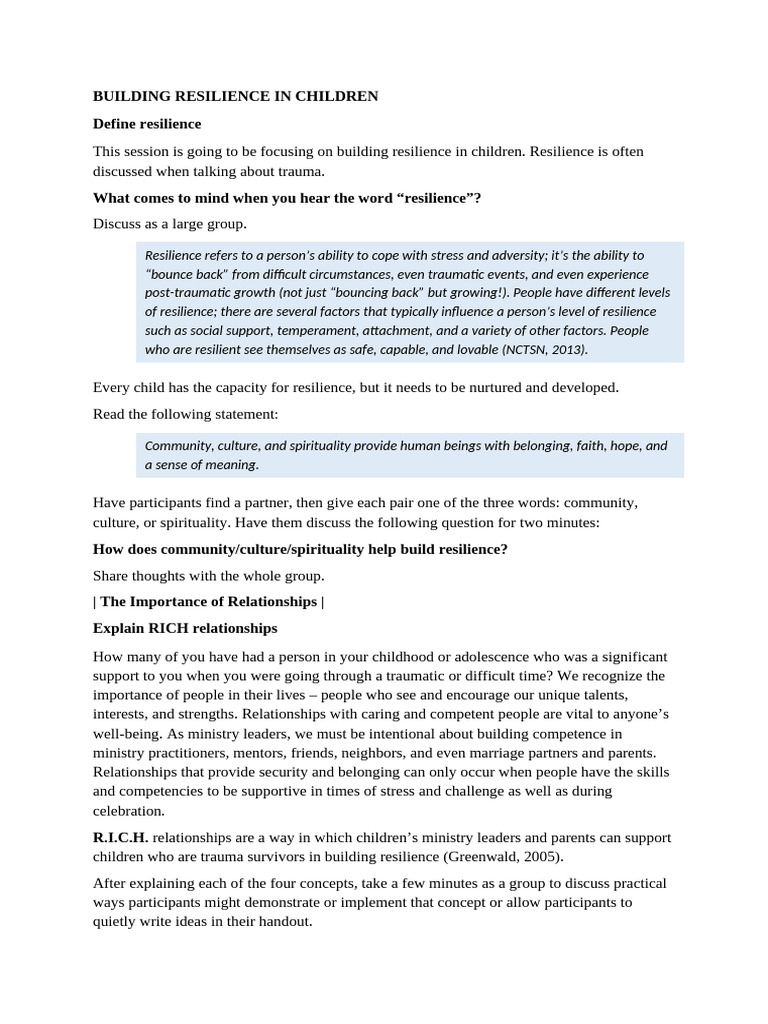 Building Resilience in Children | PDF | Psychological Resilience ...