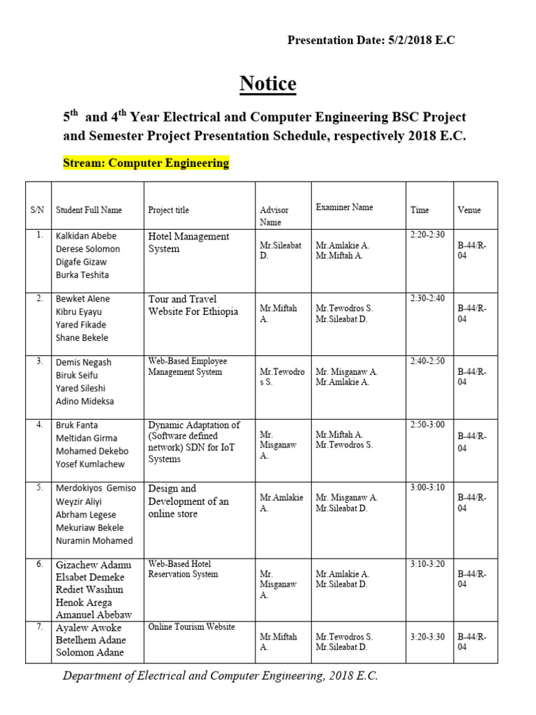 5th YeaBSC Project and 4th Year Semester Project Proposal Schedule ...