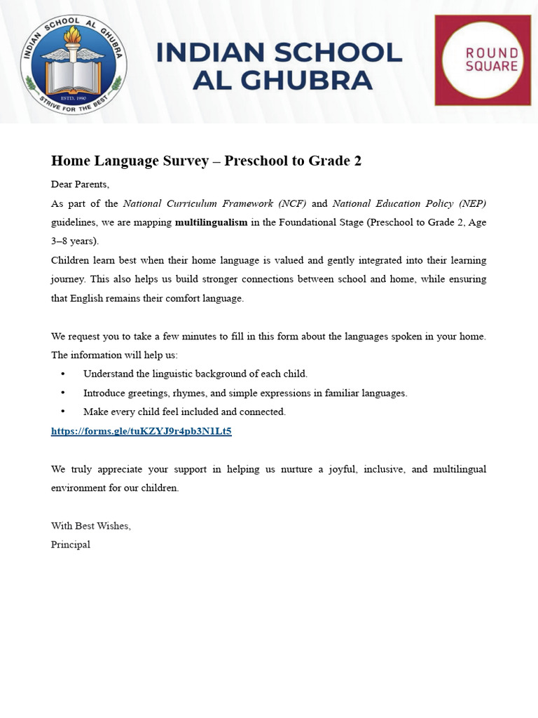Home Language Survey - Circular Preschool To Grade 2 | PDF