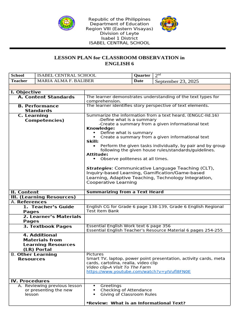 Co Lesson Plan English 6 2nd Quarter 2025 | PDF | Lesson Plan | Learning