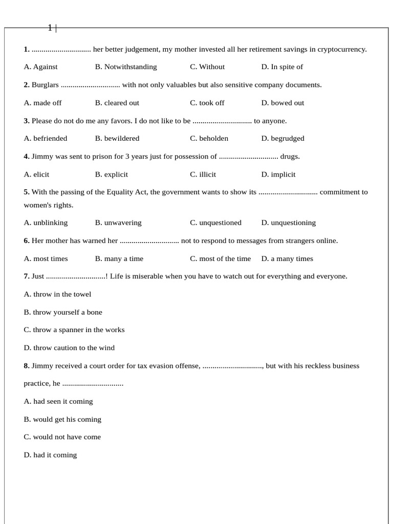 Vocabulary and Grammar Quiz Questions | PDF