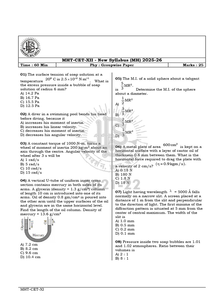 MHT-CET Physics Questions 2025-26 | PDF | Wavelength | Pressure