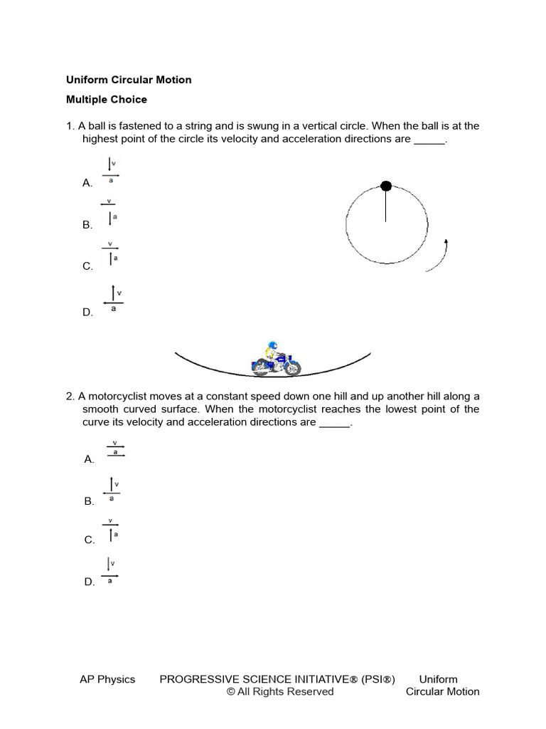 AP Phys1 Circular Motion Multiple Choice 2024-02-03 | PDF | Acceleration | Force