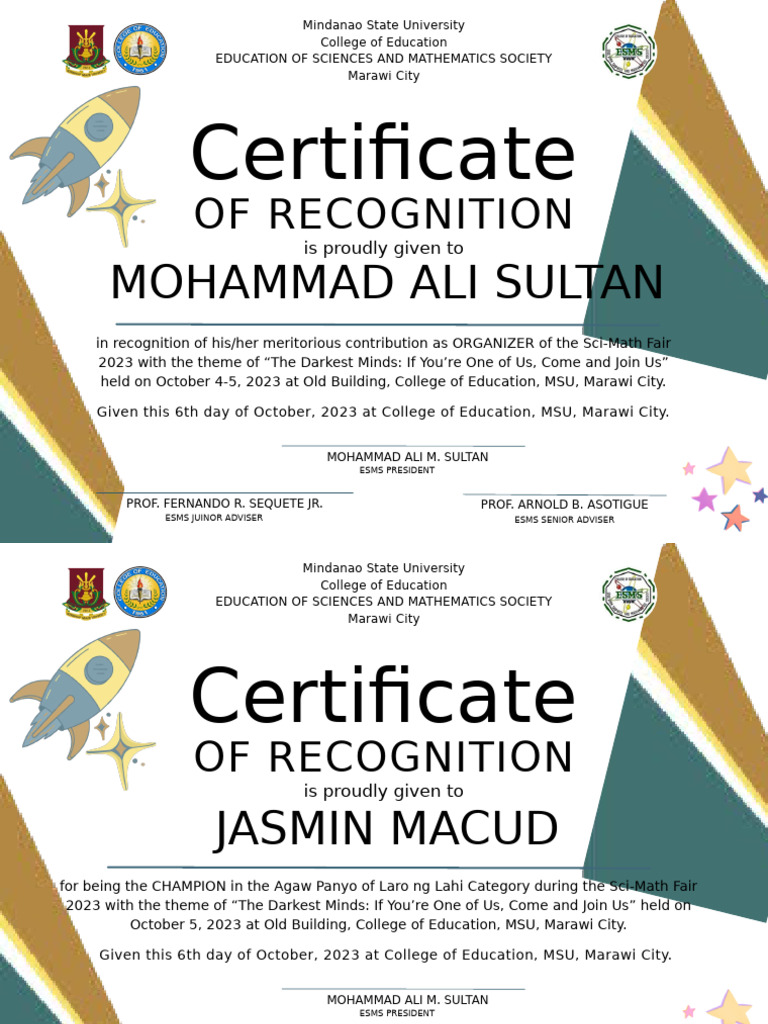 E-Certificate of Participation - ESMS SCI-MATH FAIR | PDF