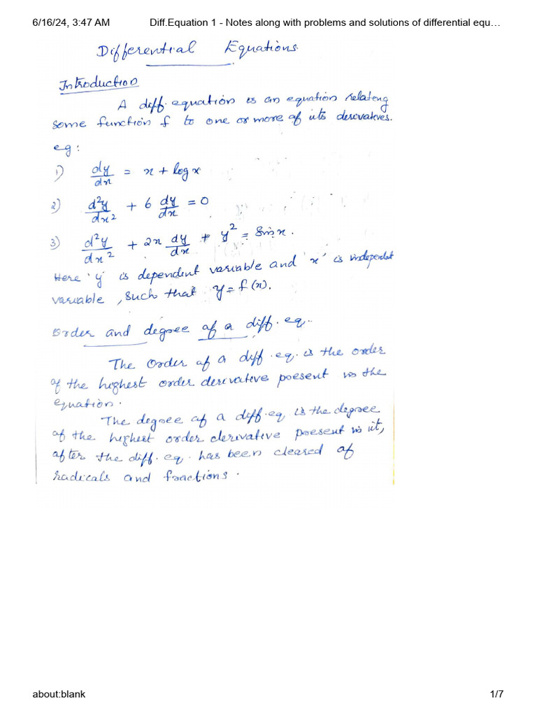 Diff - Equation 1 - Notes Along With Problems and Solutions of ...