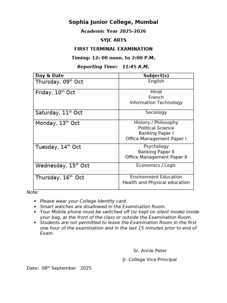 Syjc Arts Term Exam Time Table 2025-2026 | PDF