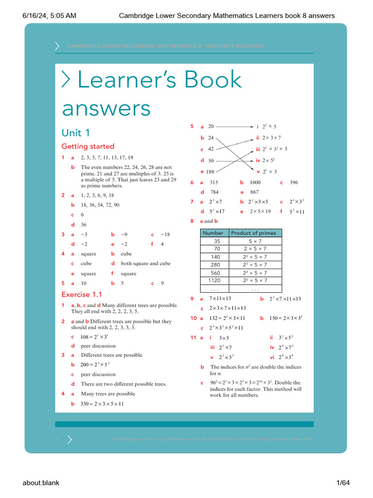 Cambridge Lower Secondary Mathematics Learners Book 8 Answers | PDF ...