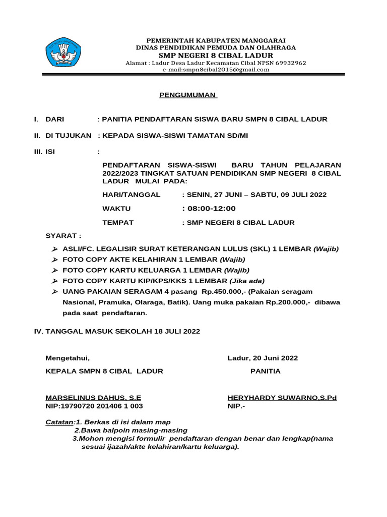 Pendaftaran Siswa Baru SMPN 8 Cibal Ladur | PDF