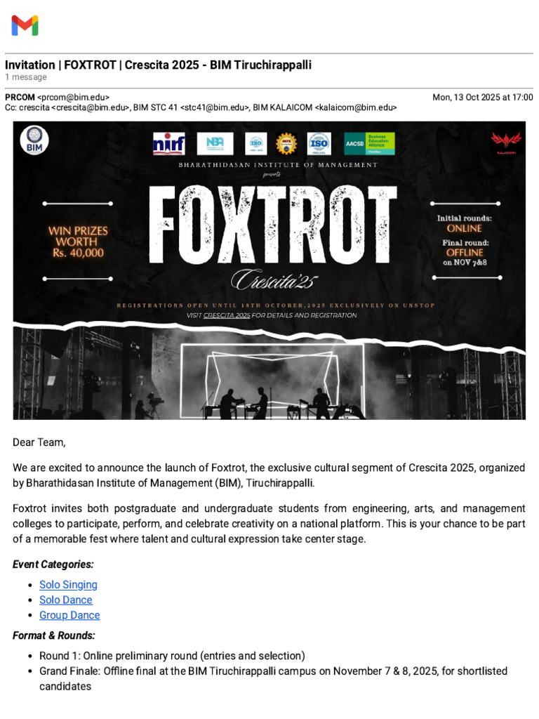 Gmail - Invitation - FOXTROT - Crescita 2025 - BIM Tiruchirappalli | PDF