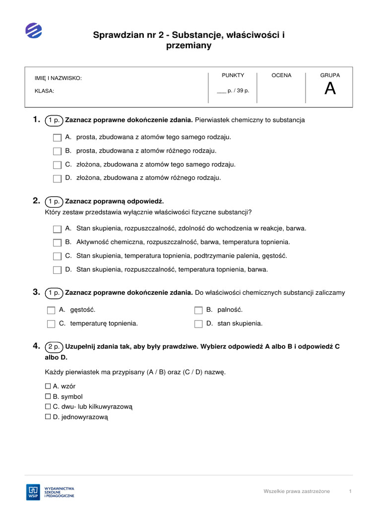 Chem SP Chem Bez Taj KL 7 Sprawdzian 2 Wersje A B-1 | PDF