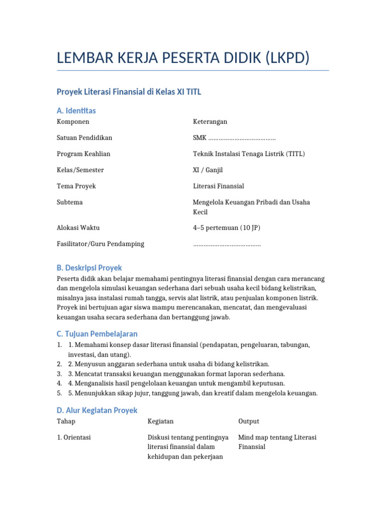 LKPD Proyek Literasi Finansial Kelas XI TITL | PDF