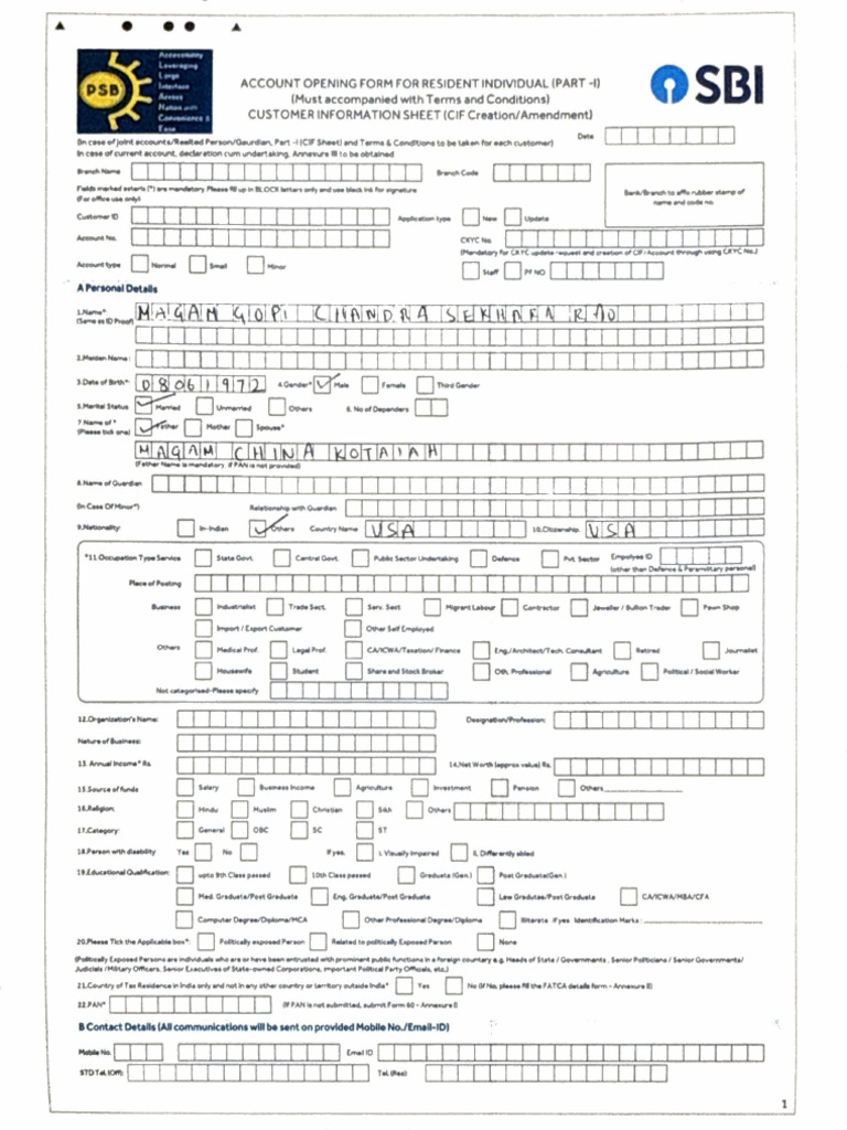 SBI Account Open Form | PDF