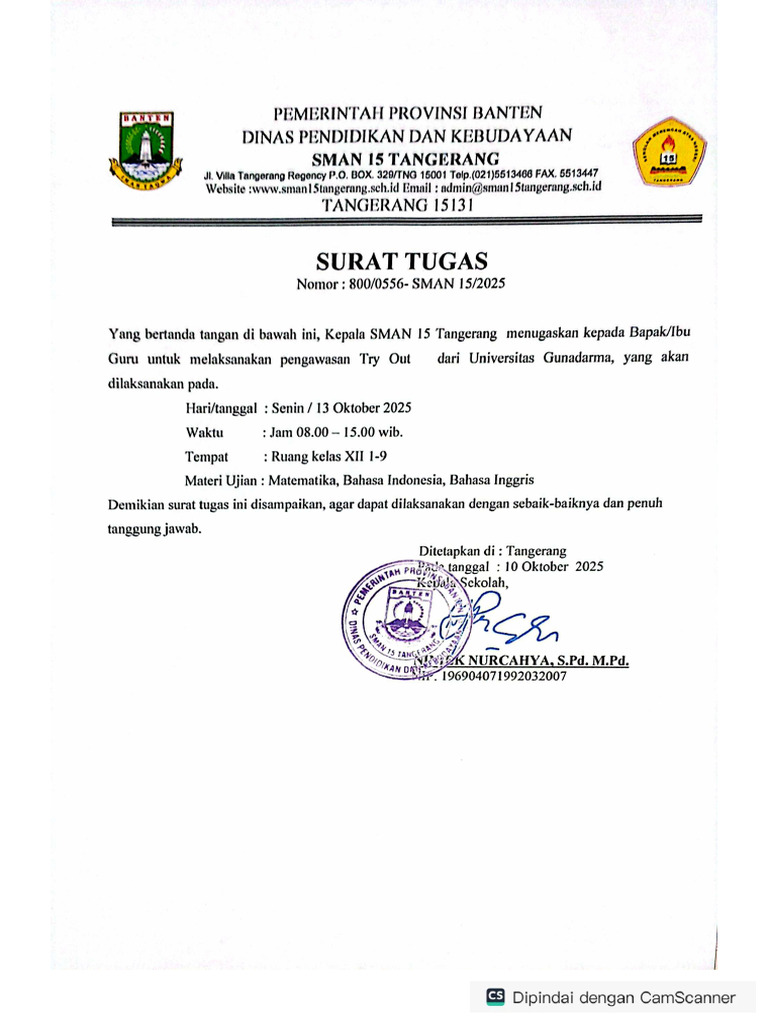 Surat Tugas Mengawas To Gunadarma | PDF