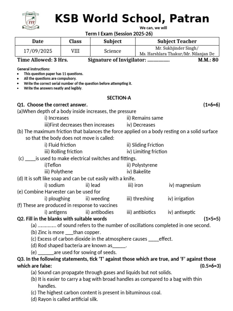 Class 8th Science Question Paper | PDF | Microorganism | Force